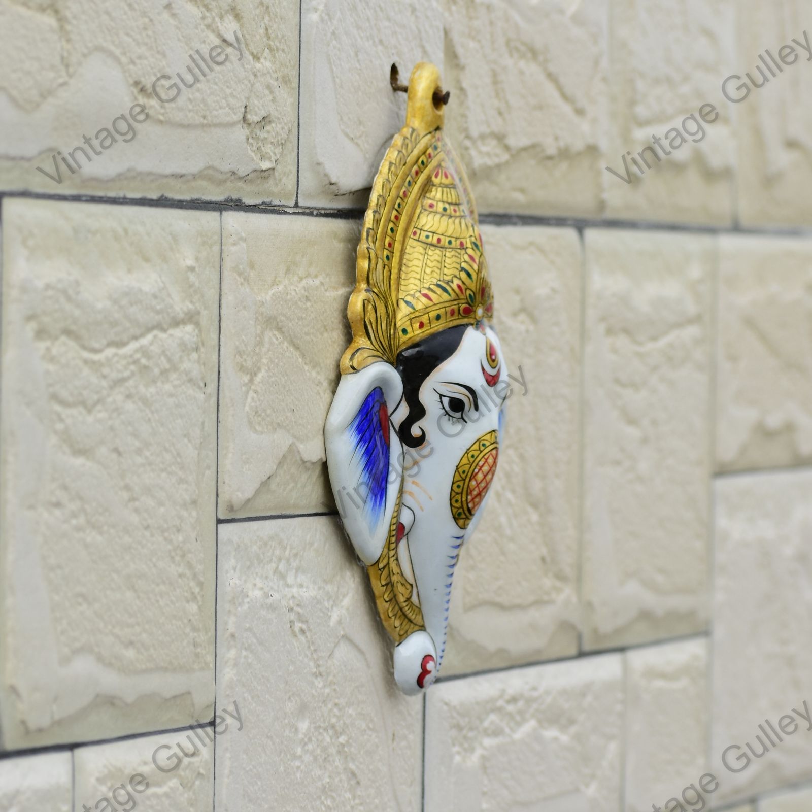 Metal Ganesha Face Wall Hanging Blue Vintage Gulley
